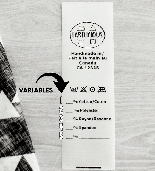 Custom White Satin Care/Content Label with Variables · Labelicious